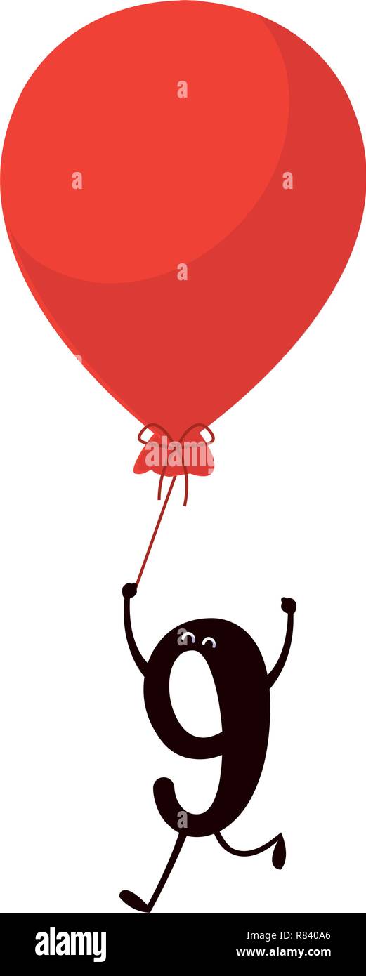 cartoon number nine holding a balloon over white background, vector ...