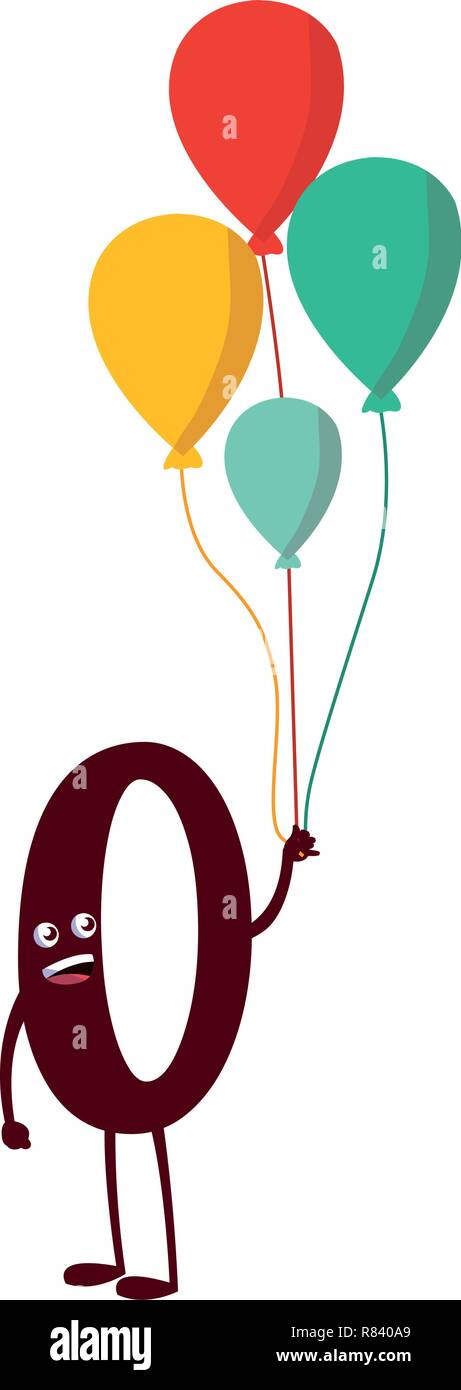 Cartoon number zero with balloons over white background, vector ...