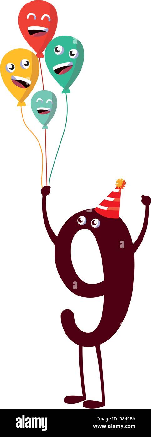 cartoon number nine holding balloons over white background, vector ...