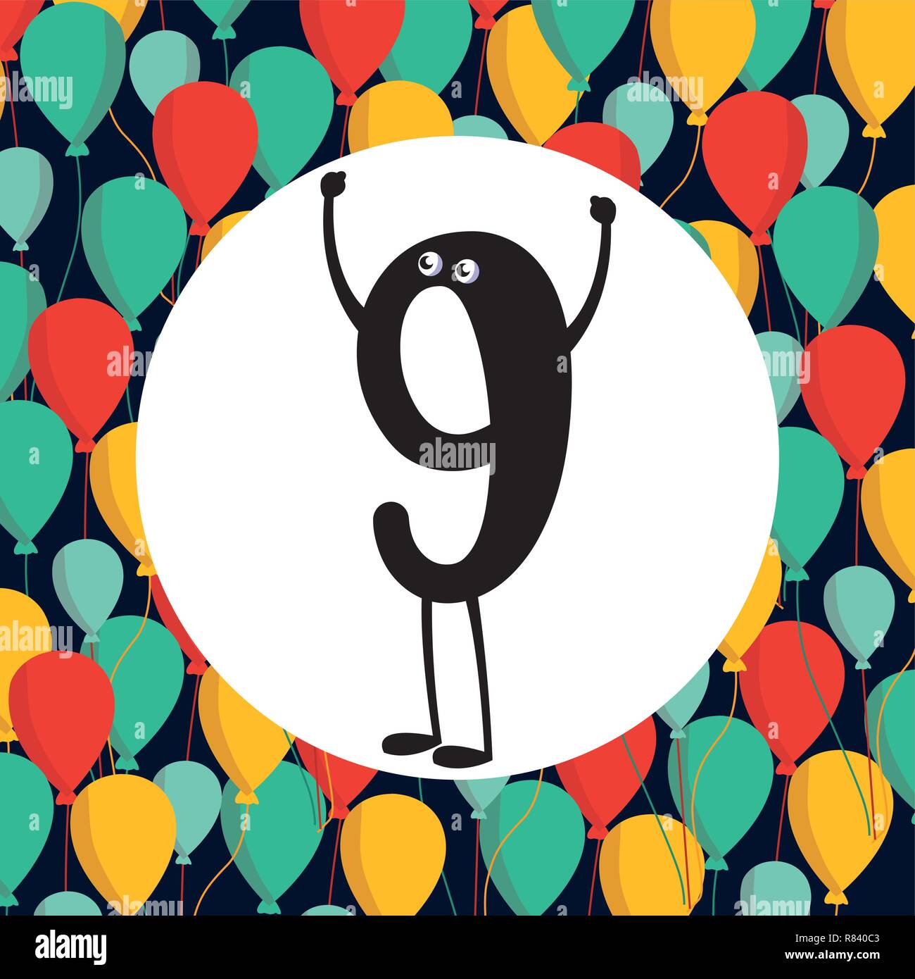 cartoon happy number nine over colorful balloons background, vector ...