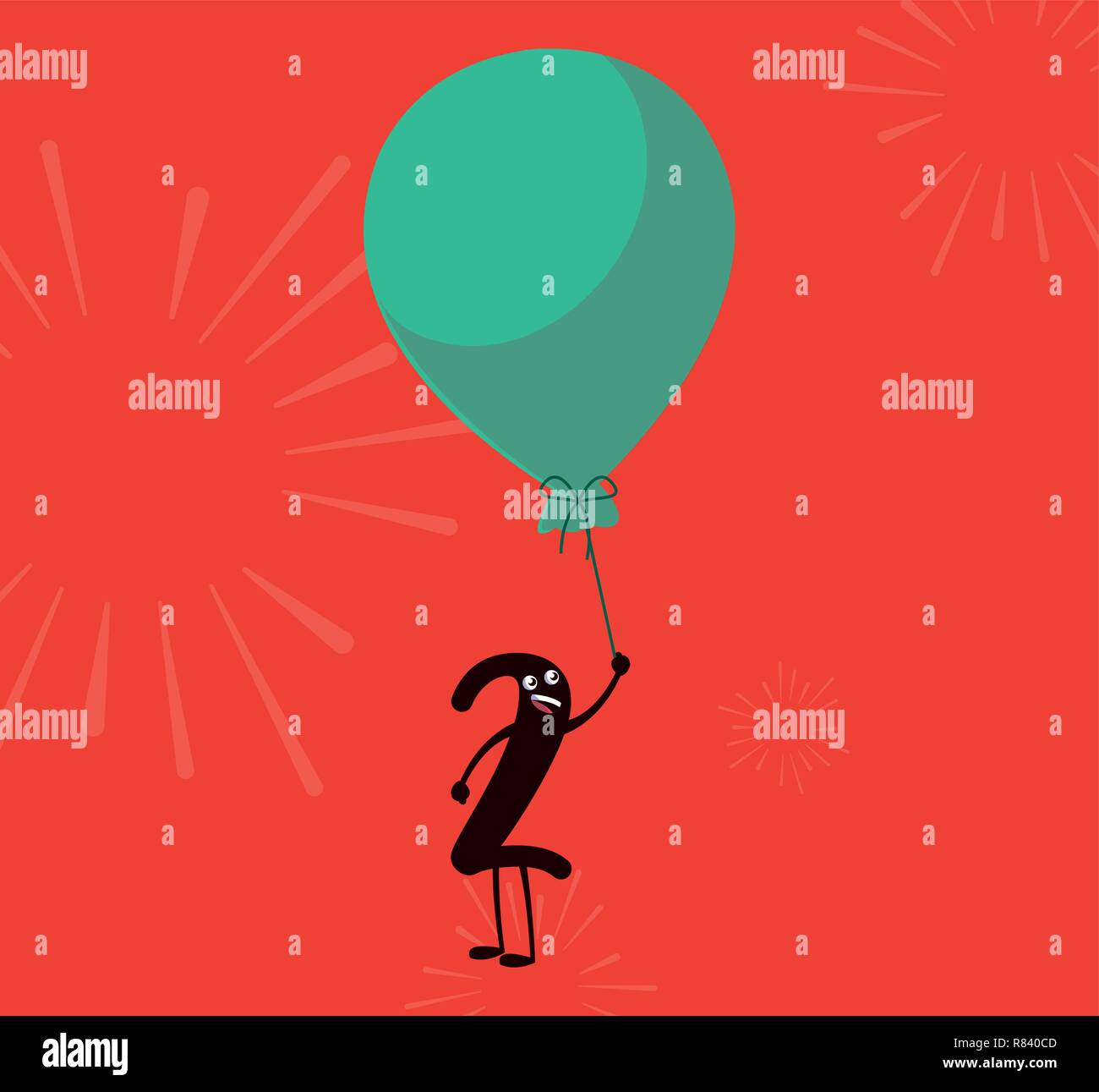cartoon number two holding a balloon over red background, vector ...