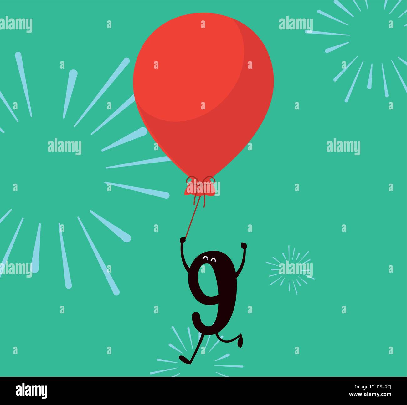 cartoon number nine holding a balloon over green background, vector ...