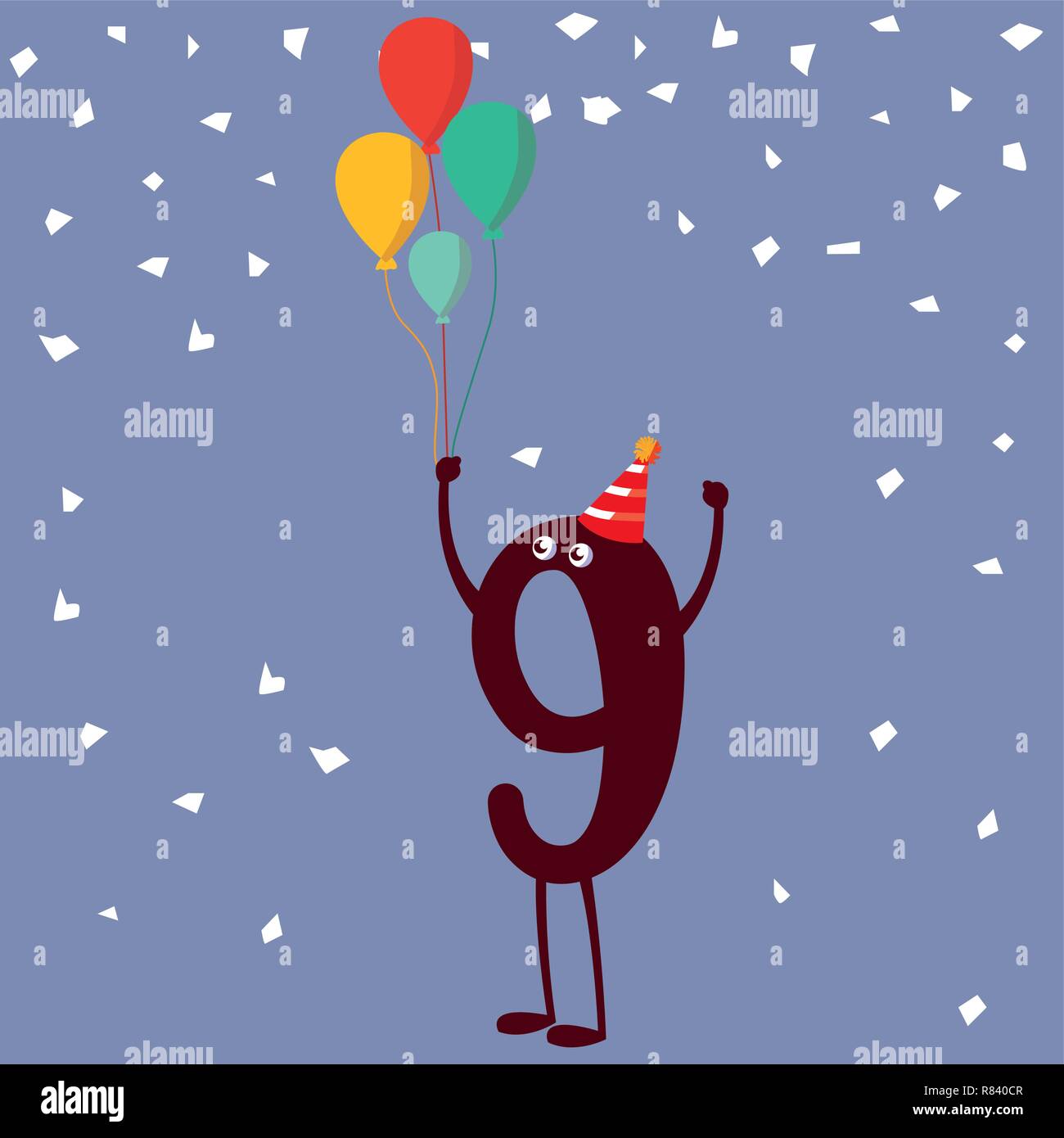 cartoon number nine holding balloons over purple background, vector ...