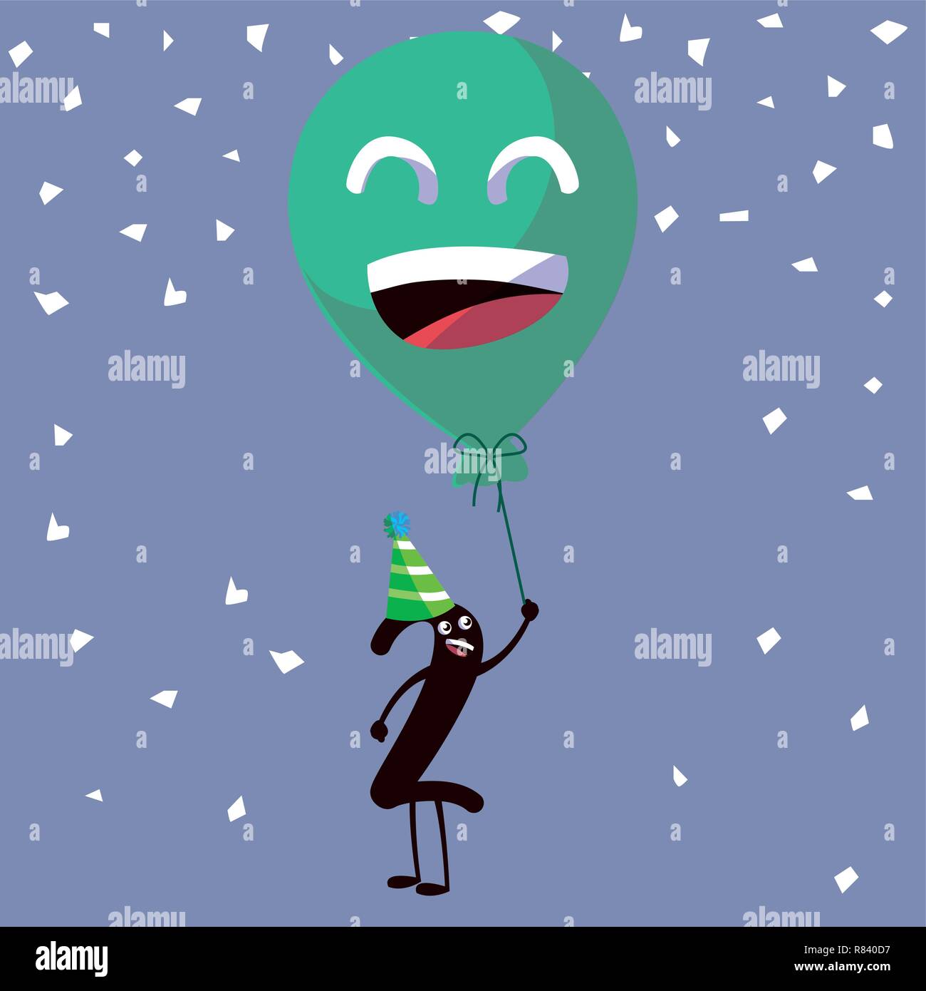 cartoon number two holding a balloon over purple background, vector ...