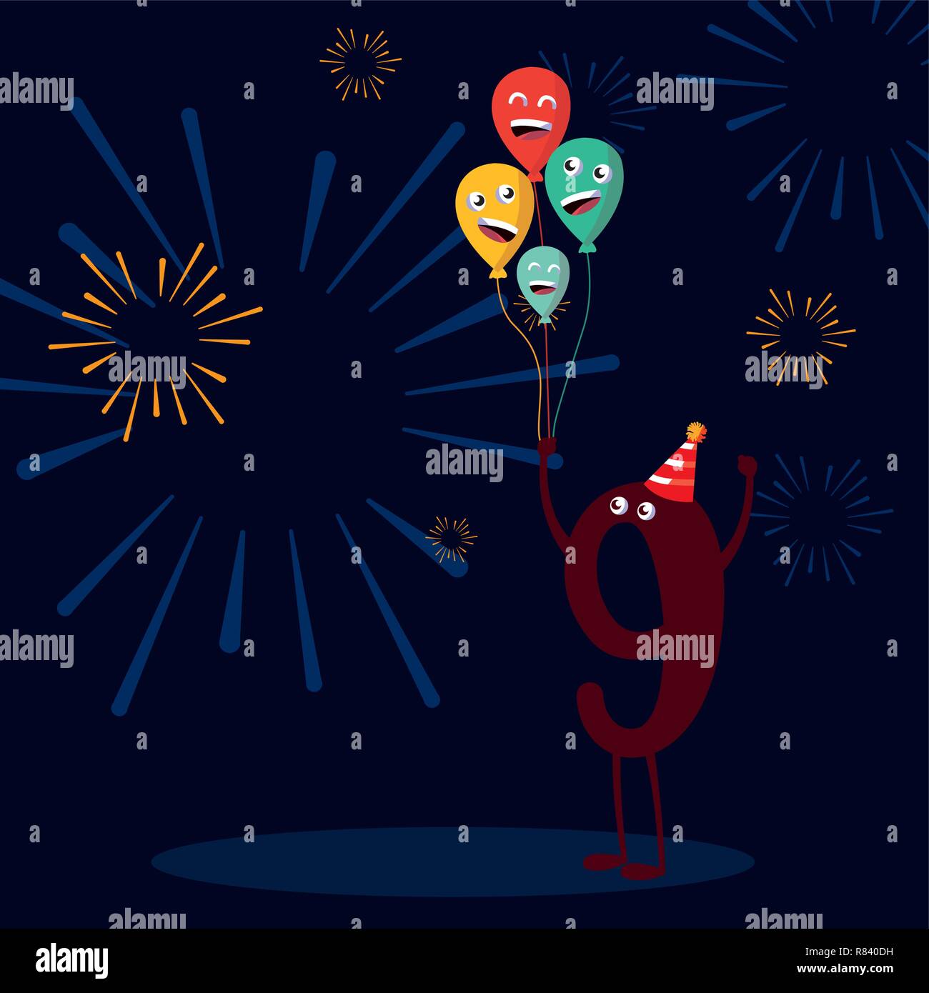 cartoon number nine holding balloons over blue background, vector ...