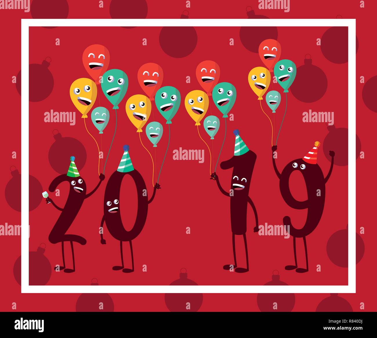 cartoon 2019 numbers and balloons over red background, colorful design ...
