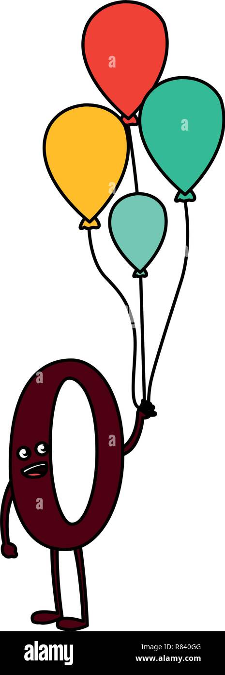 Cartoon number zero with balloons over white background, vector ...