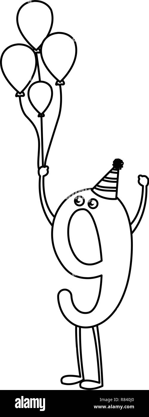 cartoon number nine holding balloons over white background, vector ...