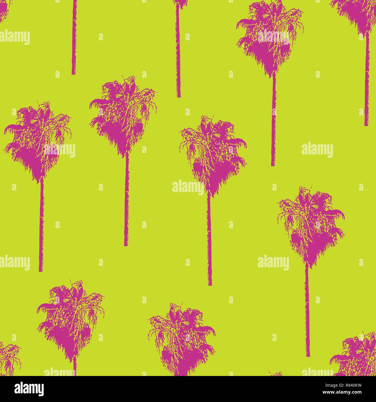Palm trees retro-style pink on a lime green background. Seamless vector ...