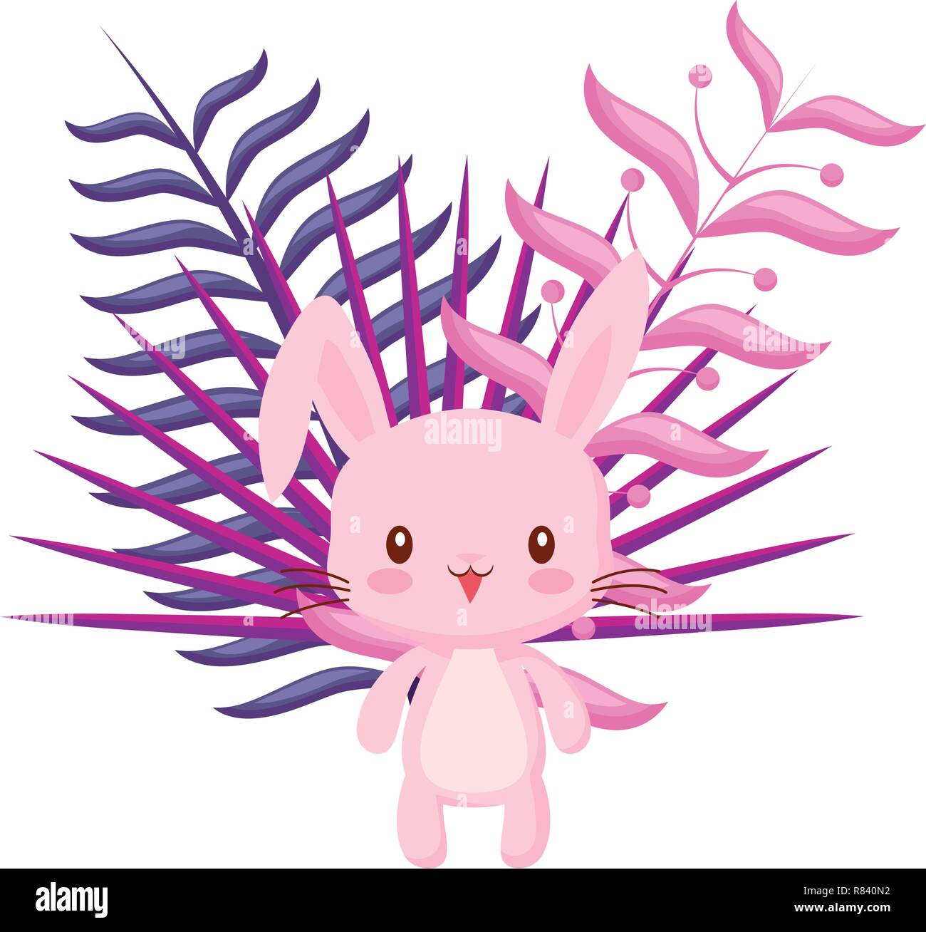 tropical leaf with cute rabbit over white background, vector ...