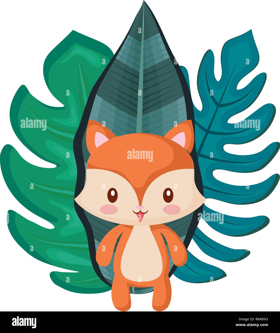 cute fox and tropical flower over white background, vector illustration ...