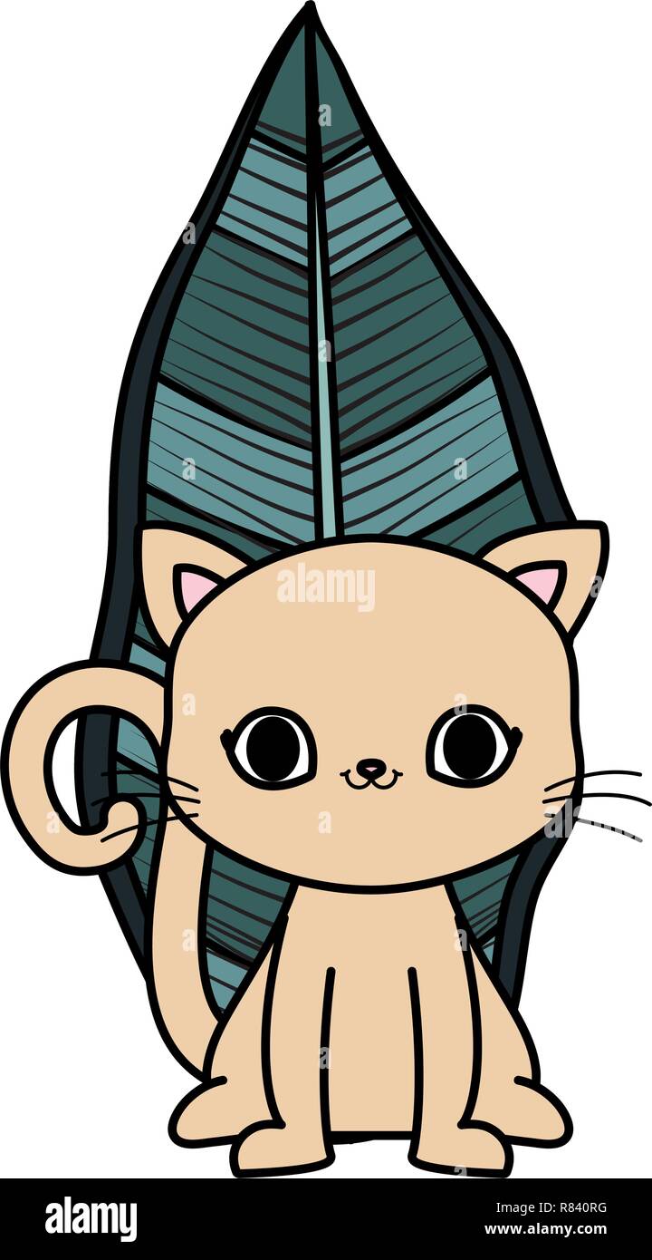 tropical leaf with cute cat over white background, vector illustration ...