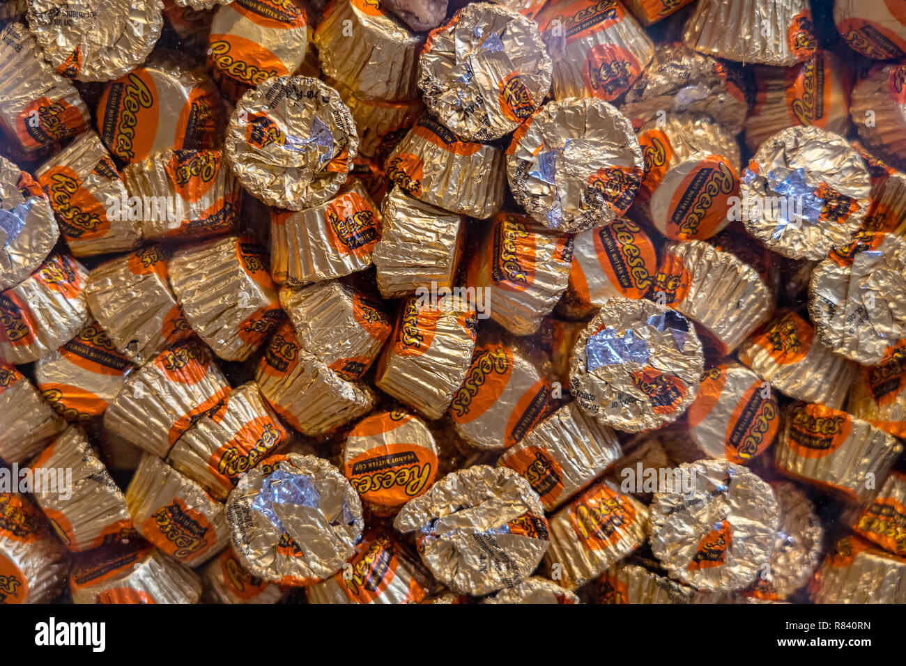 Hershey, PA, USA - December 11, 2018: Closeup of foil wrapped Reese's ...