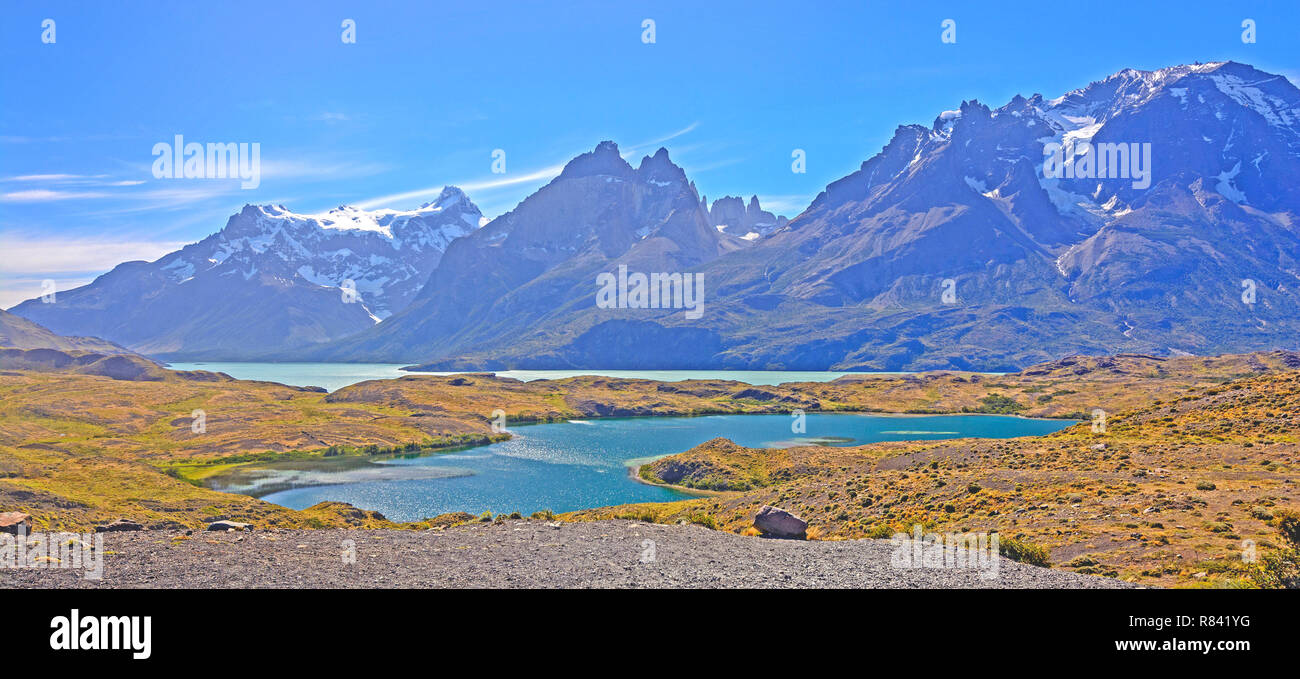 Panorama of the Torres del Paine National Park in the Patagonian Andes ...