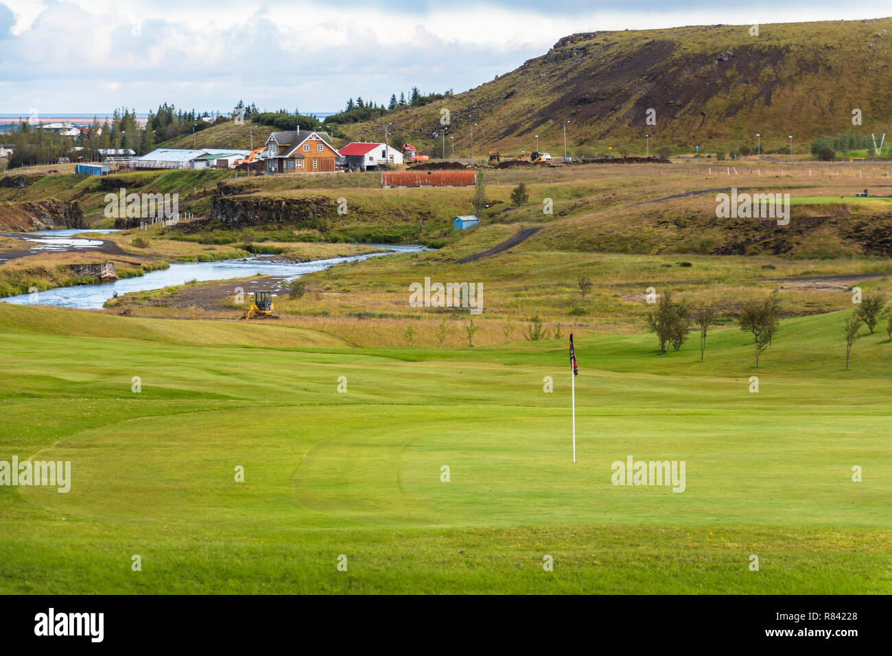 Beautiful Iceland landscape with golf course before sunset Stock Photo ...