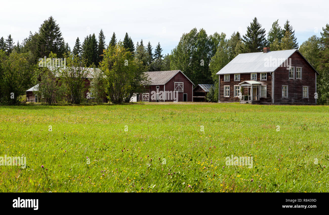 LAPLAND, SWEDEN ON AUGUST 08, 2018. View of wooden, timber buildings ...