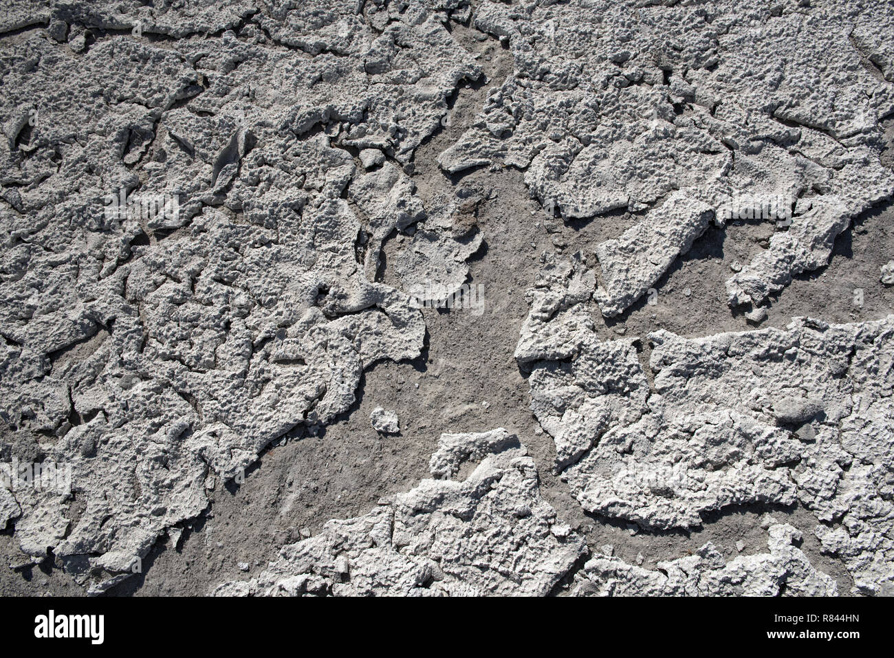 Dry lake bed with natural texture of cracked clay and salt on the ...