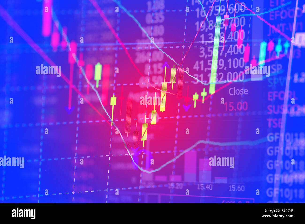 Double exposure of candle stick graph chart with indicator with stock ...