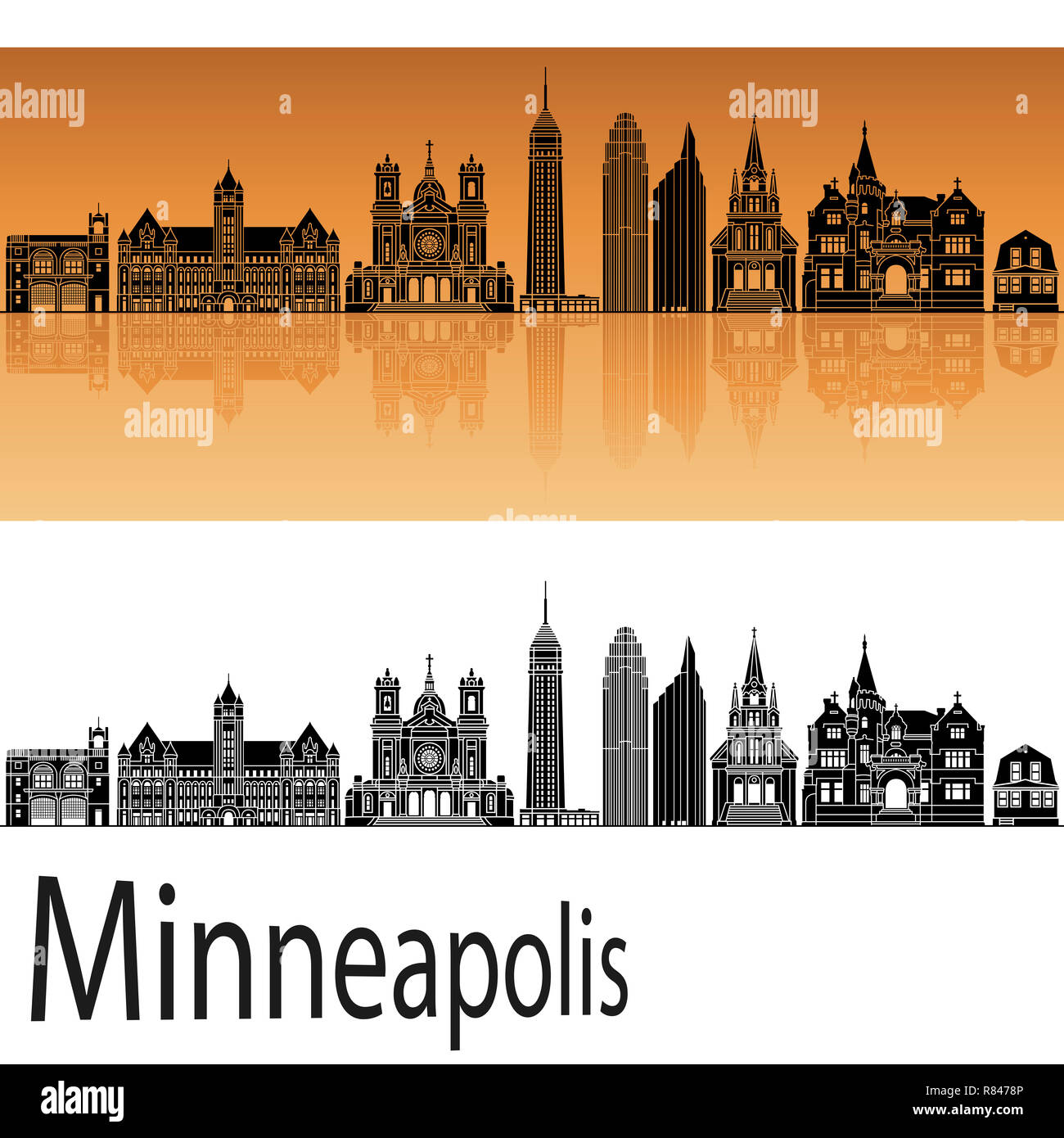 Minneapolis skyline in orange background in editable vector file Stock ...