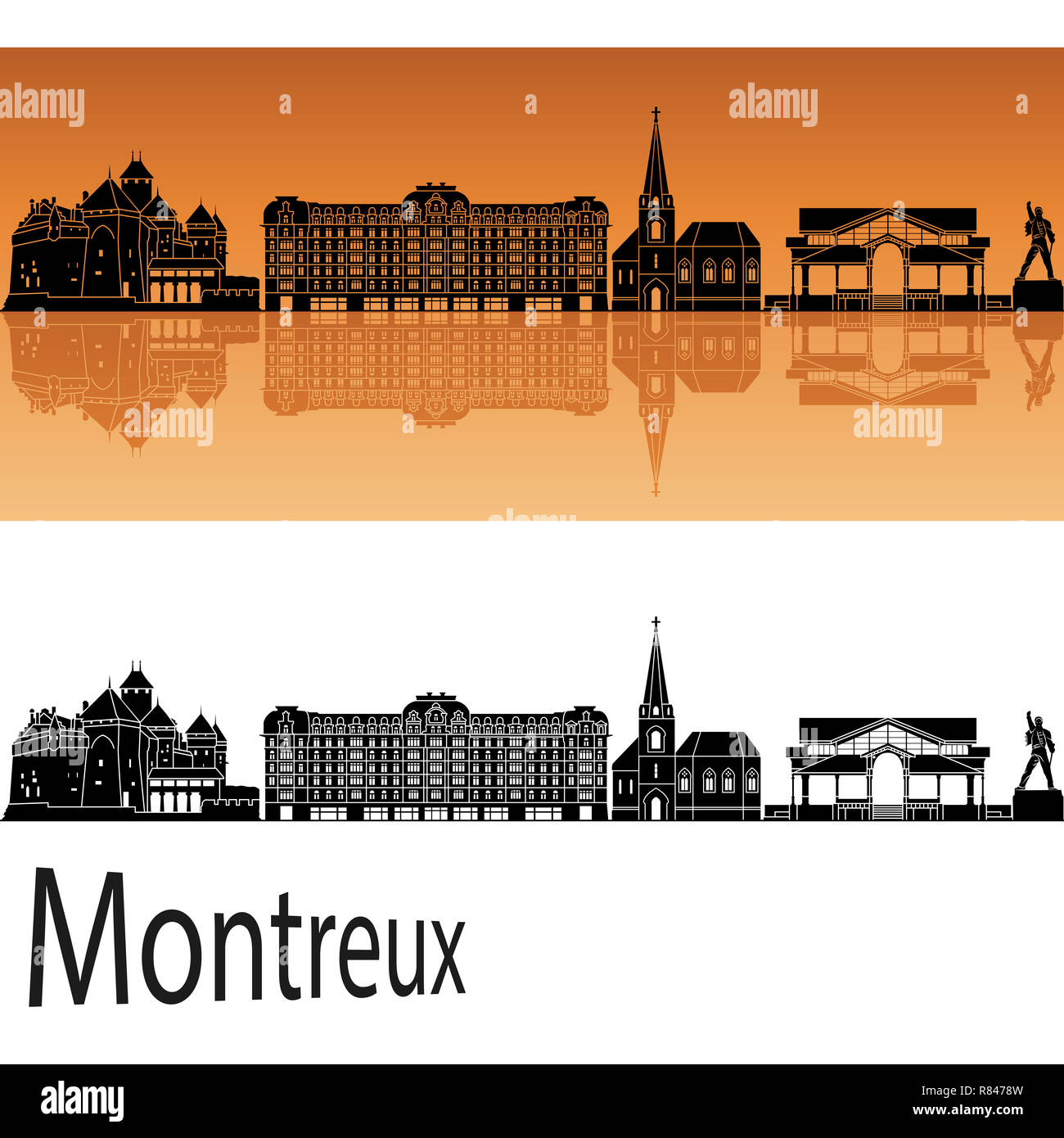 Montreux skyline in orange background in editable vector file Stock ...
