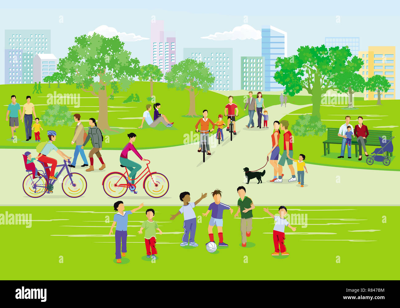 Families at leisure activity in the park, illustration Stock Photo - Alamy