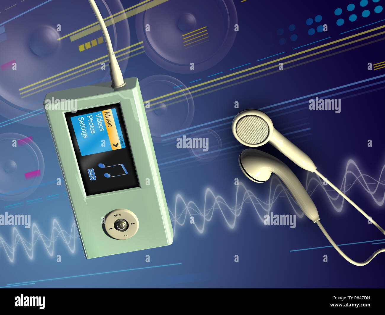 Mp3 player and earphones on high-tech background. Digital illustration ...