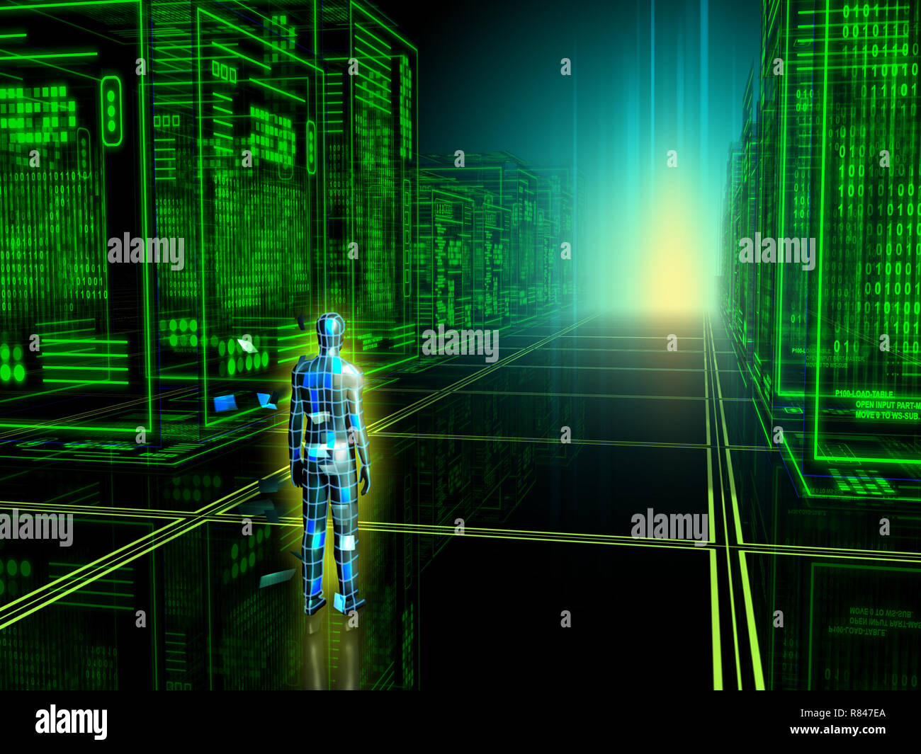 Human figure entering into a virtual reality. Digital illustration ...