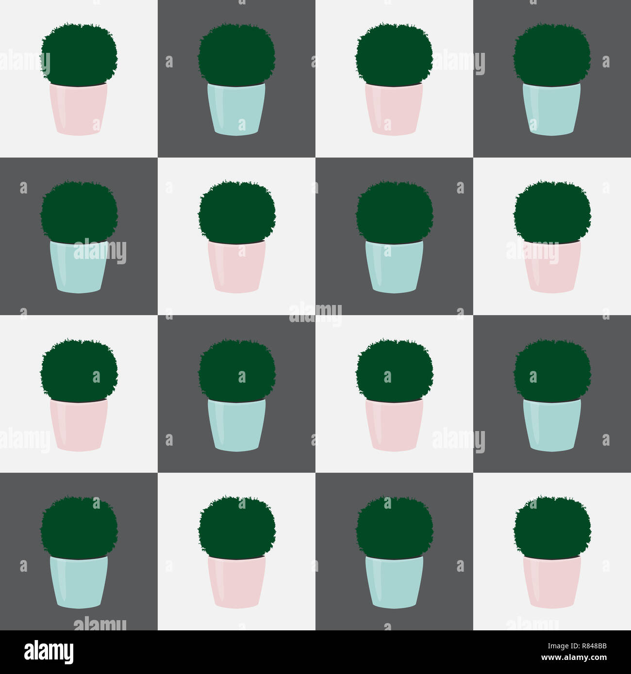 Seamless floral pattern green topiary plants in pots on squares ...