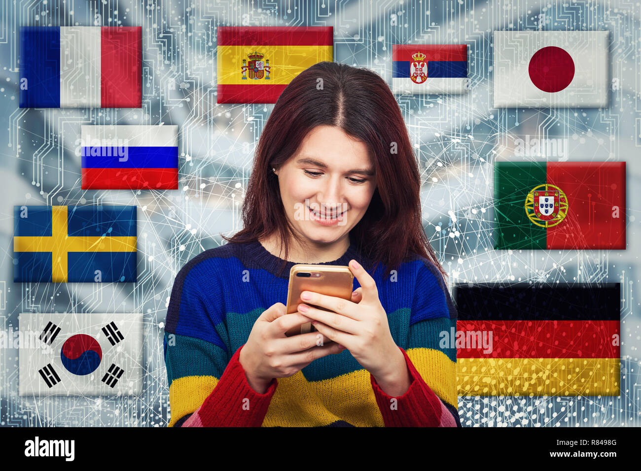 Woman holding mobile phone browsing network virtual social life between ...