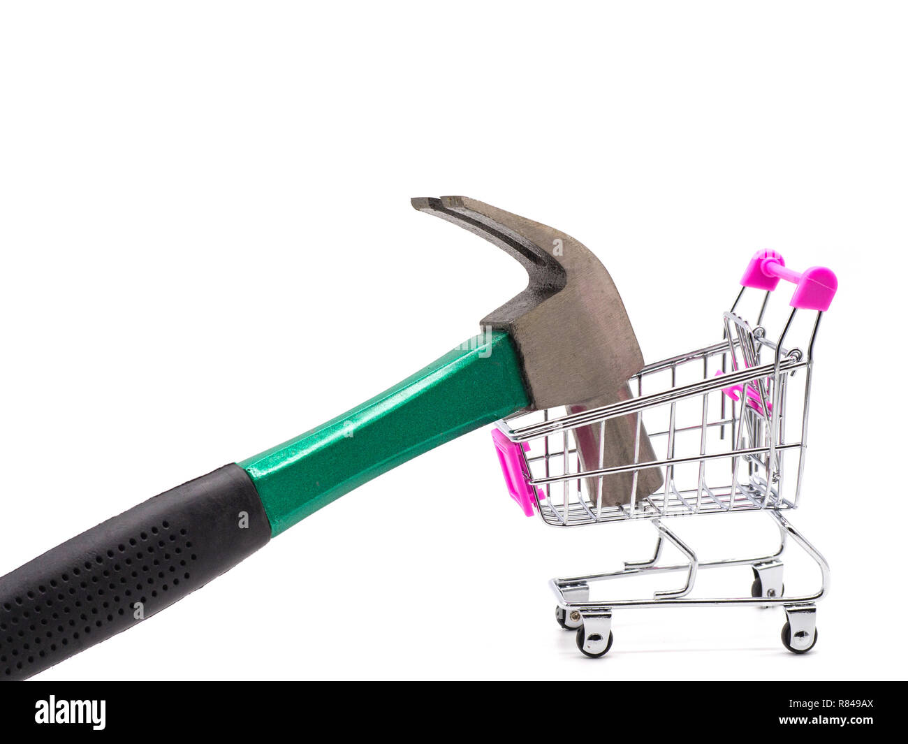 Hammer and shopping cart on white and white background Stock Photo - Alamy
