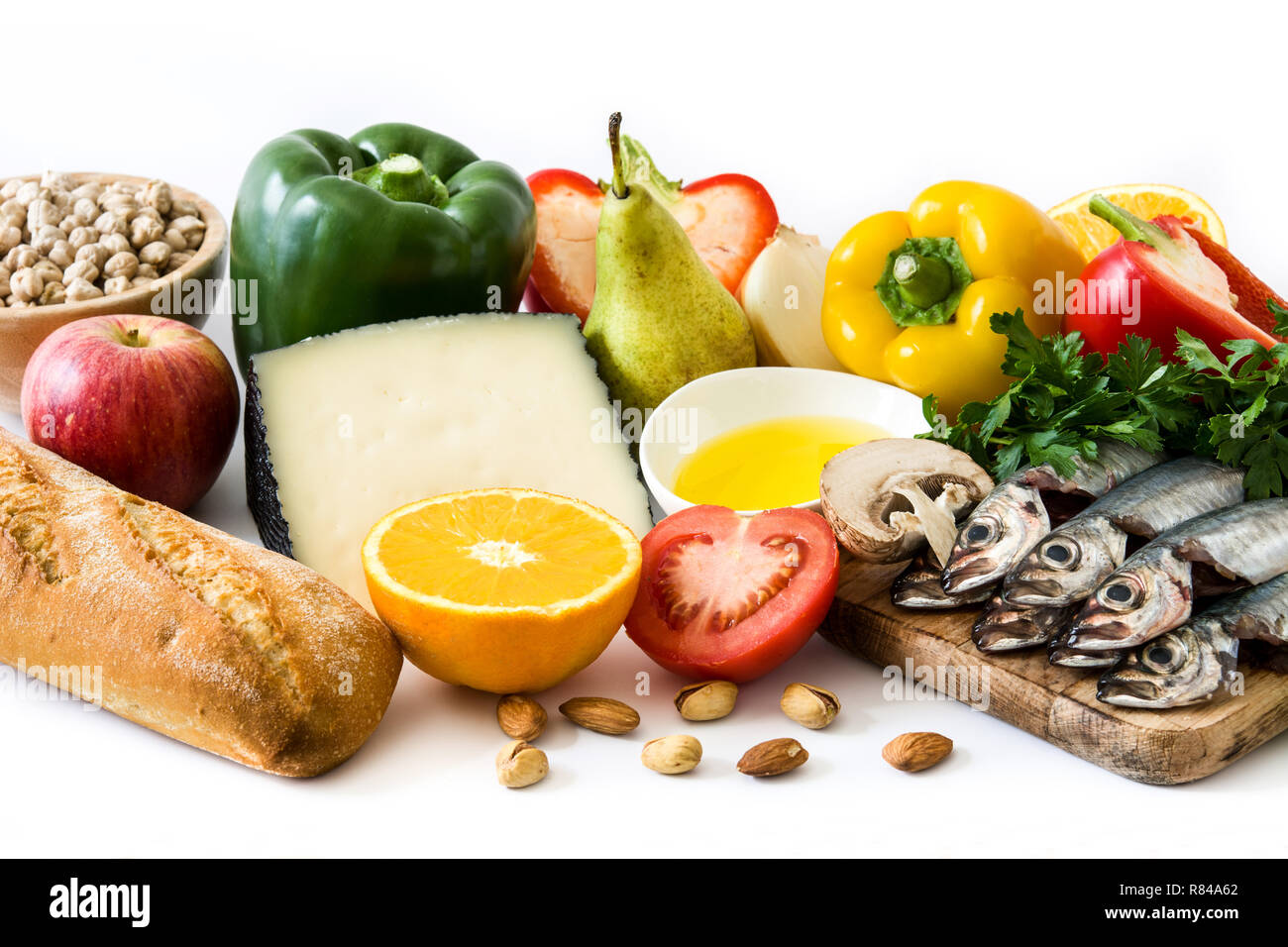 Healthy eating. Mediterranean diet. Fruit,vegetables, grain, nuts olive ...