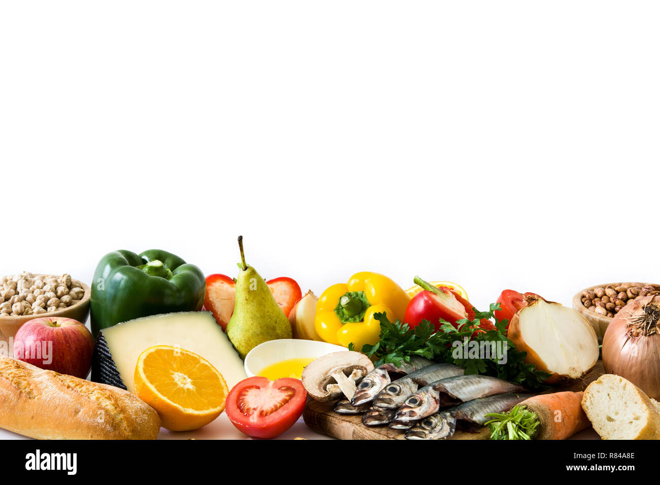 Healthy eating. Mediterranean diet. Fruit,vegetables, grain, nuts olive ...