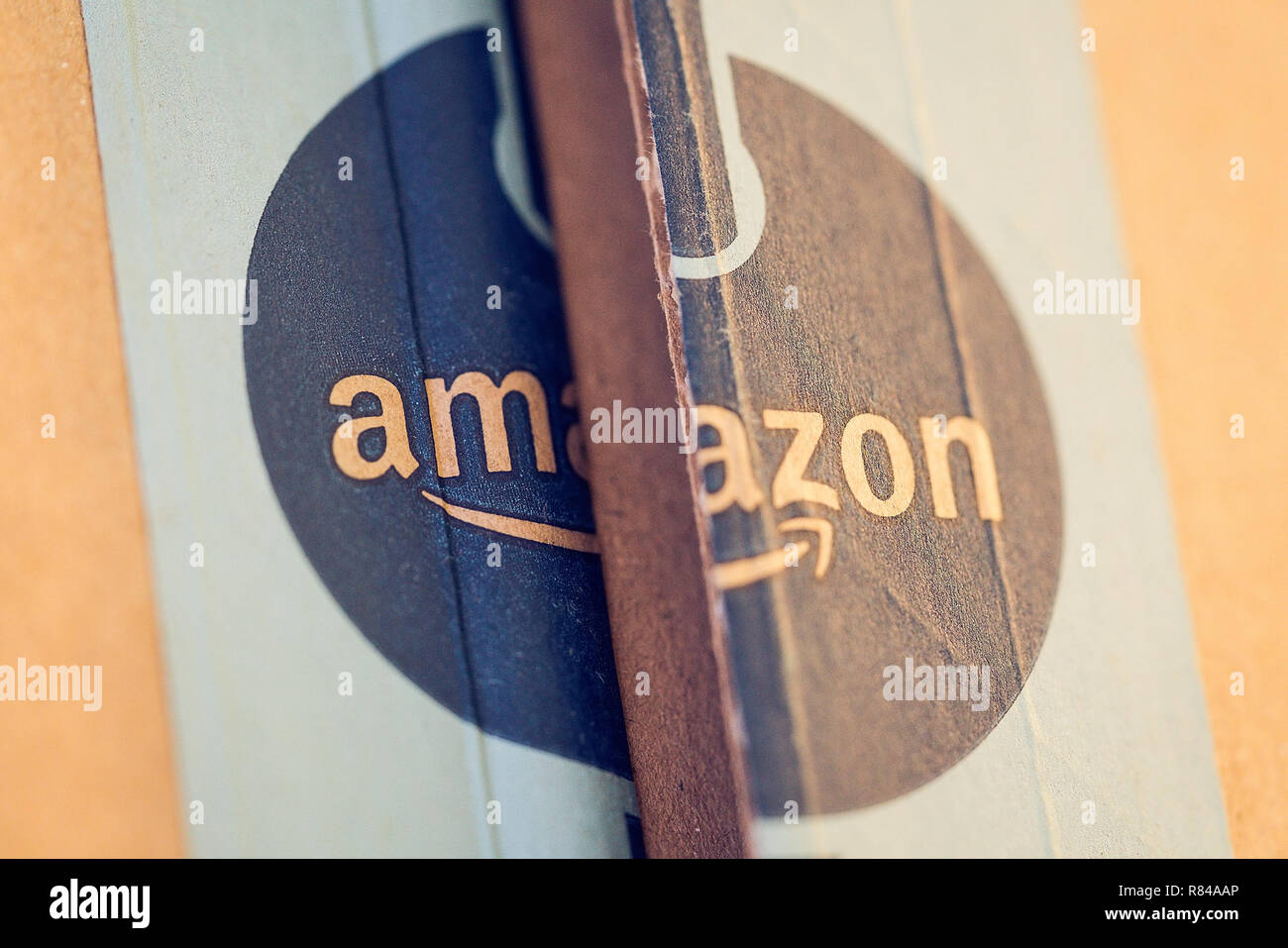 Amazon store logo on a package. 13th of December 2018 Stock Photo - Alamy