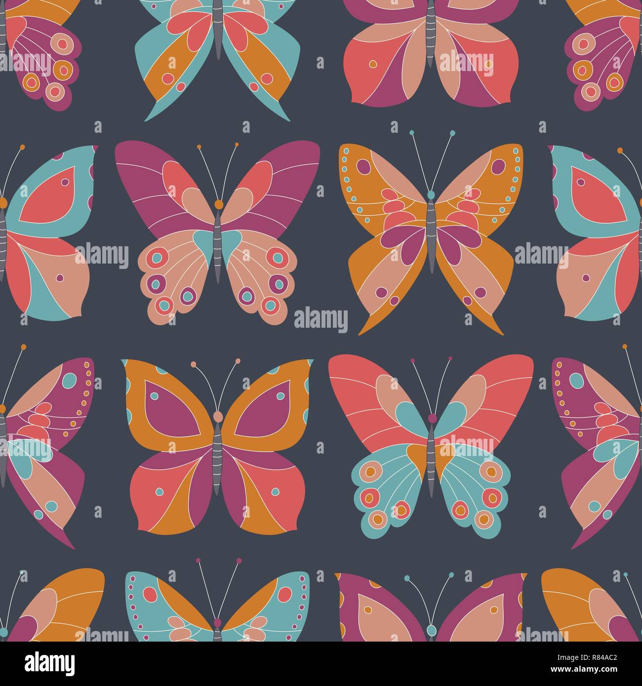 Abstract Colorful Butterflies on Dark grey Background Vector Seamless ...