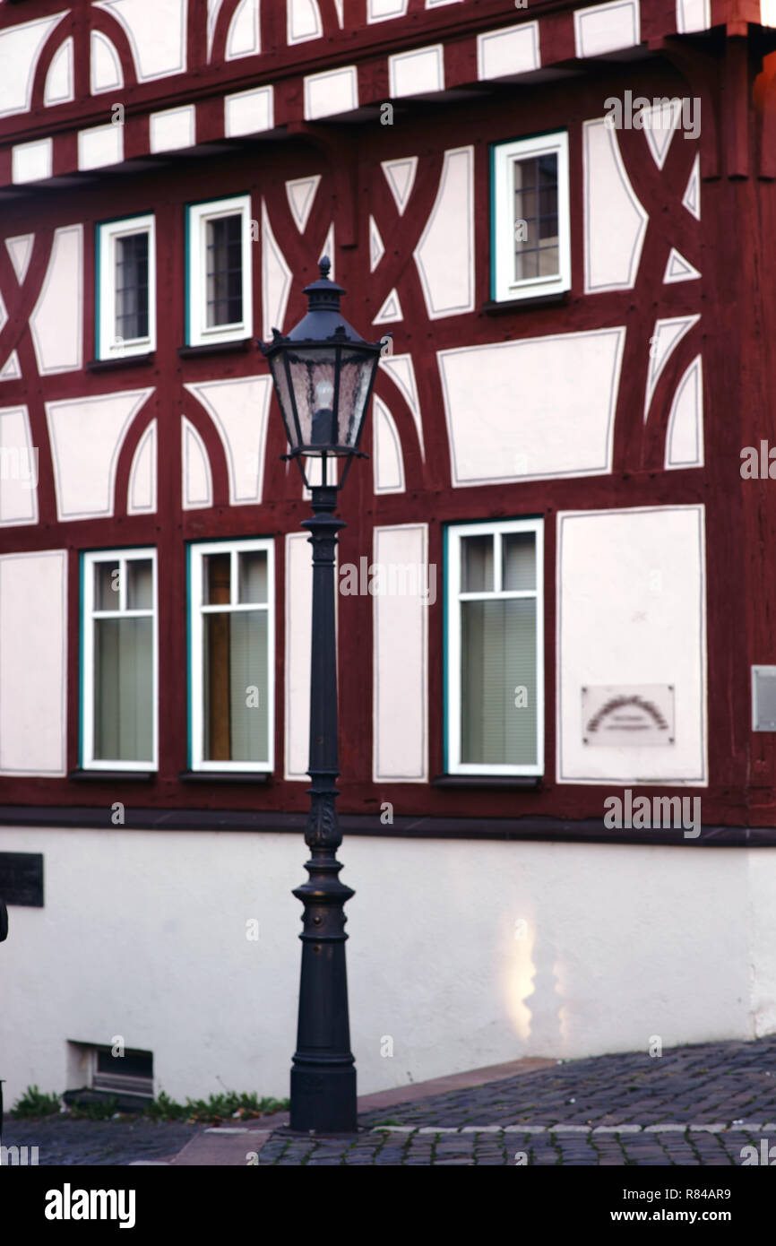 A half-timbered house with a striking beam construction on the corner ...