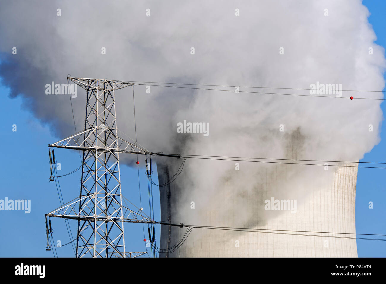 High-voltage electricity pylon / transmission tower and steam / vapour ...