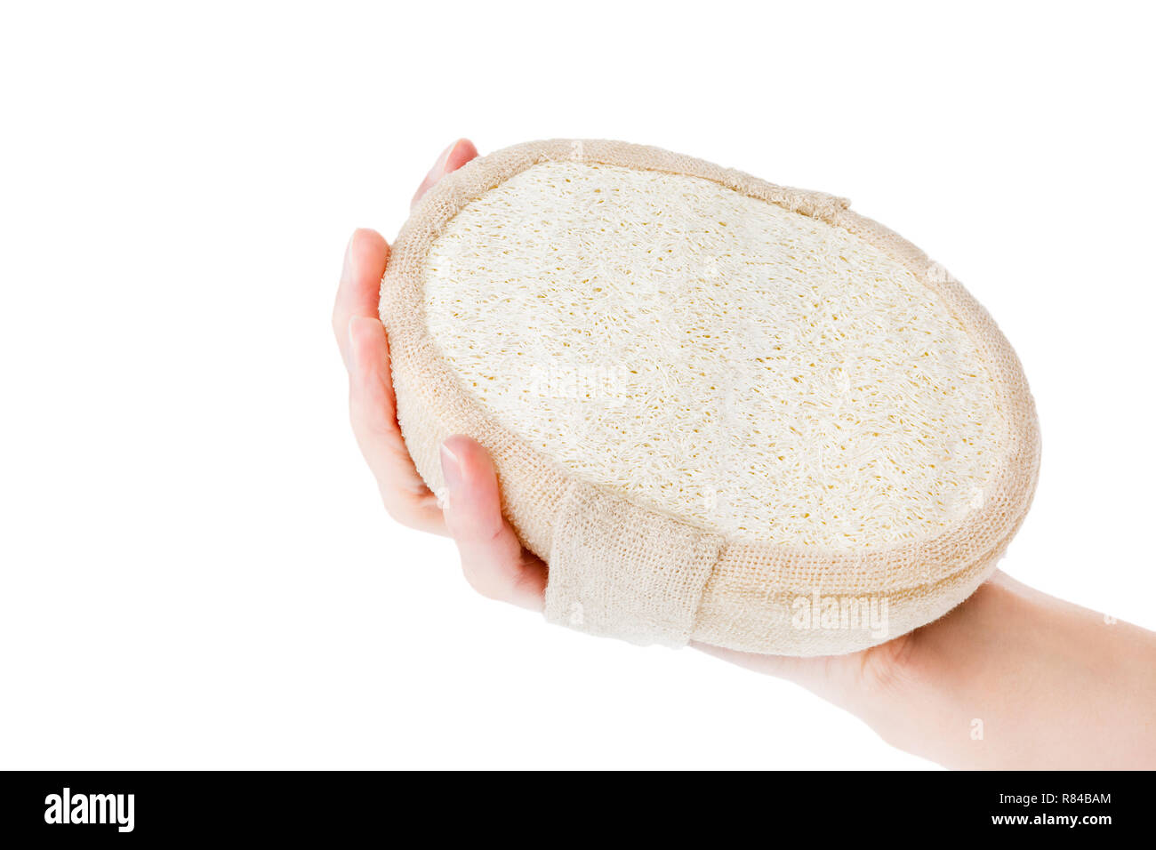 Hand holding Loofah Bath Sponge isolated on white background Stock ...