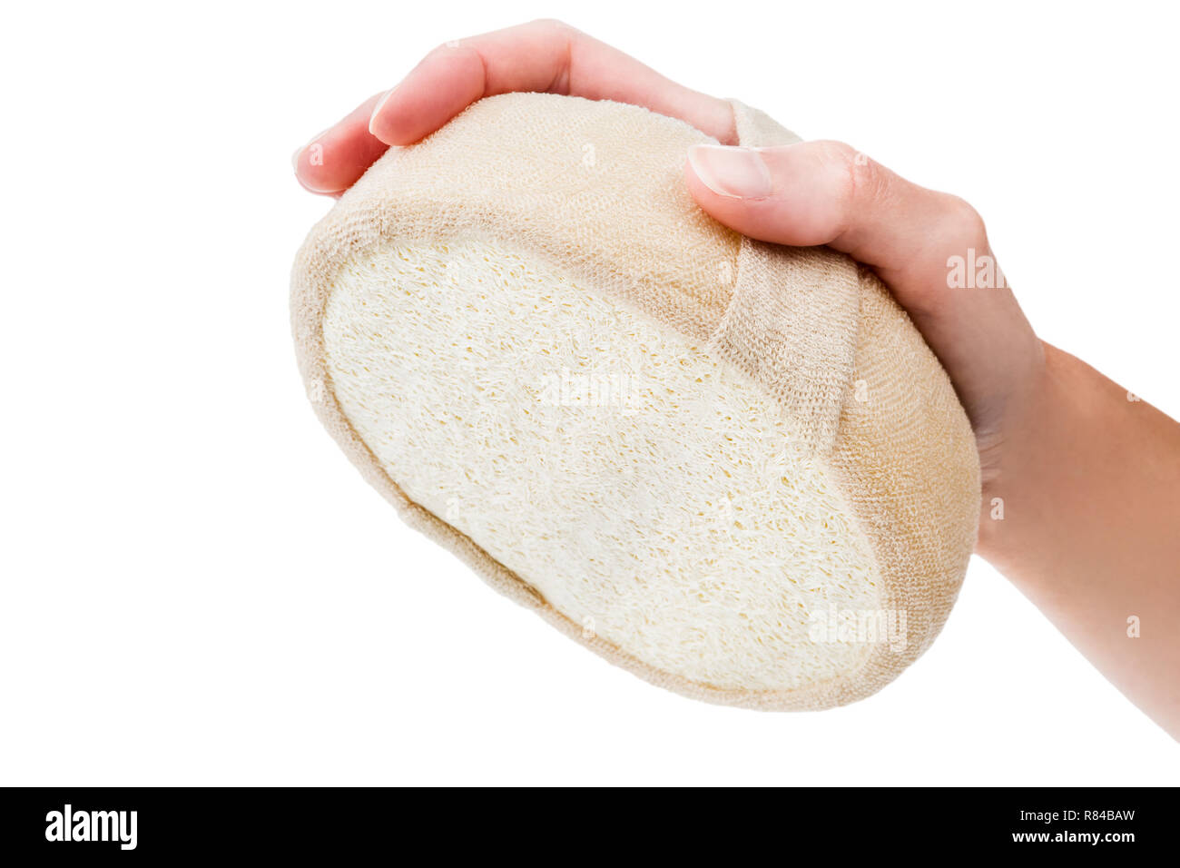 Hand holding Loofah Bath Sponge isolated on white background Stock ...