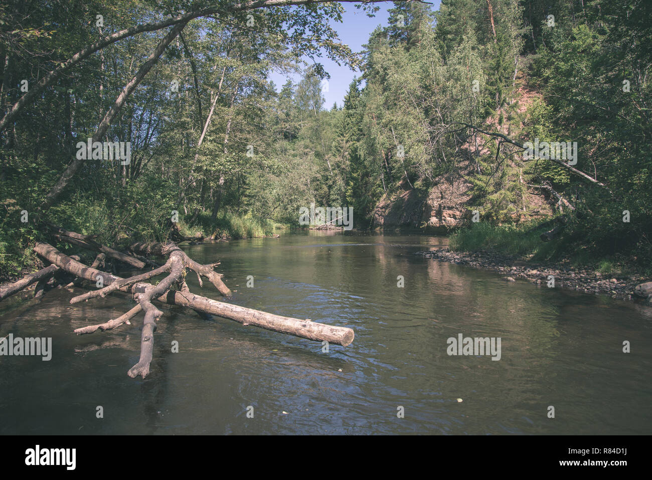 summer day on water in calm river enclosed in forests with sandstone ...