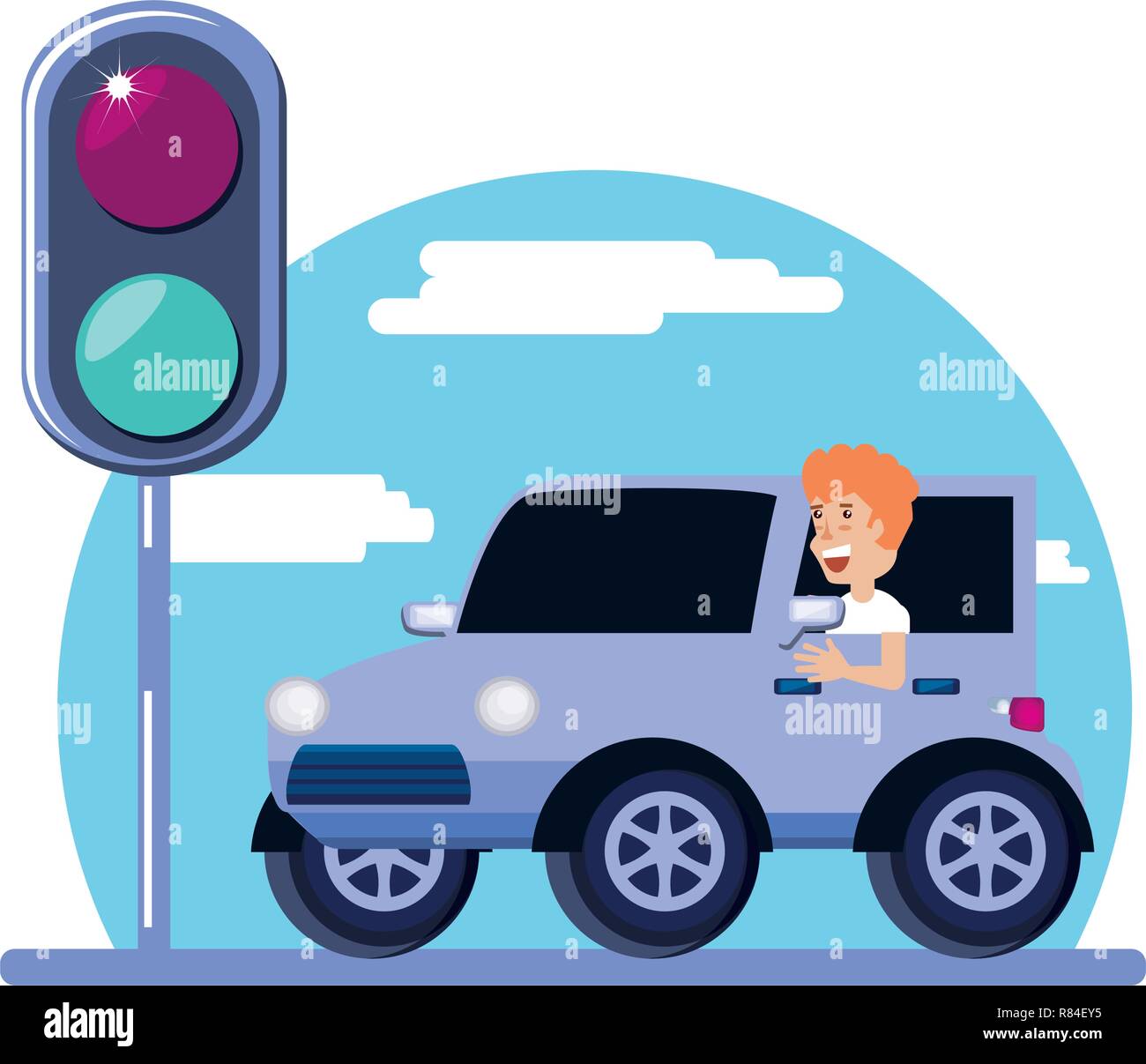 man driving cart with traffic light vector illustration design Stock ...