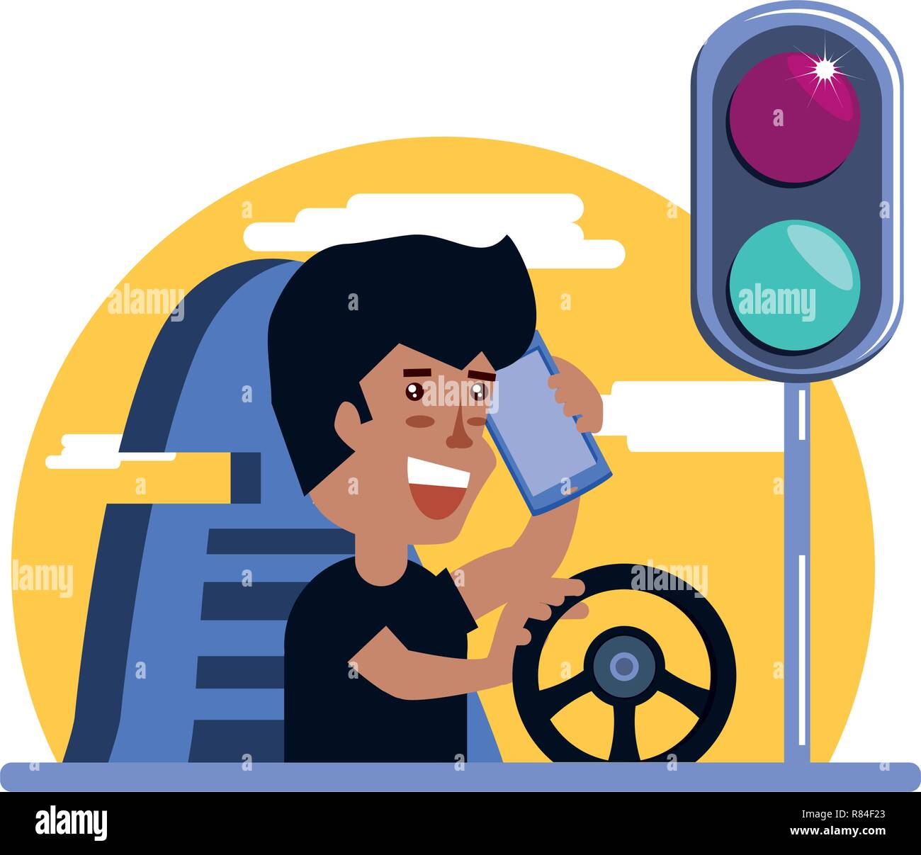 man driving cart using smartphone with traffic light vector ...