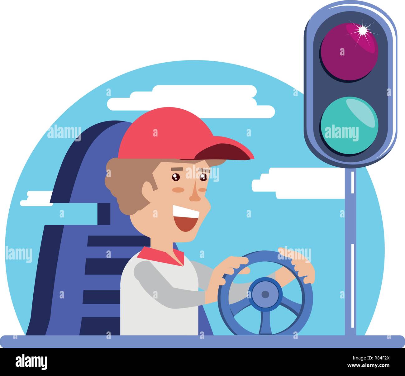 man driving cart with traffic light vector illustration design Stock ...