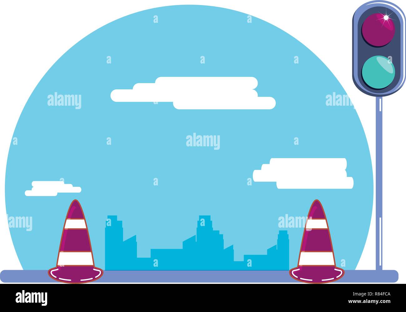 cones on the road scene with traffic light vector illustration design ...
