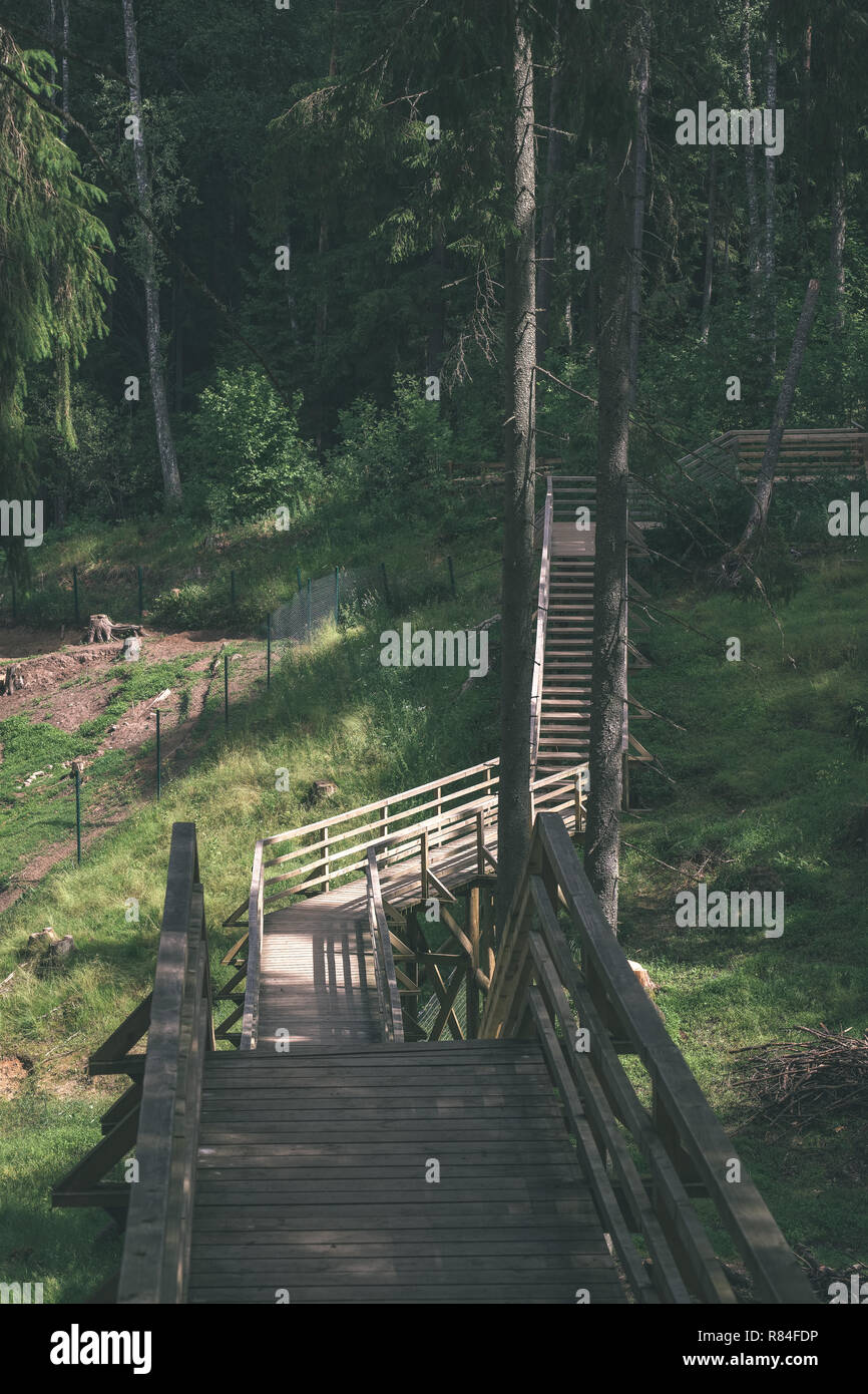 wooden and composite material foot bridge over water in green summer ...