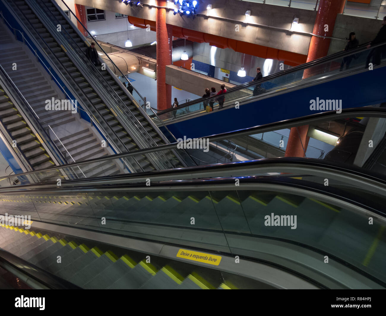 Escalators at Luz Station on Sao Paulo Metro "Line 4 - Yellow", moving ...