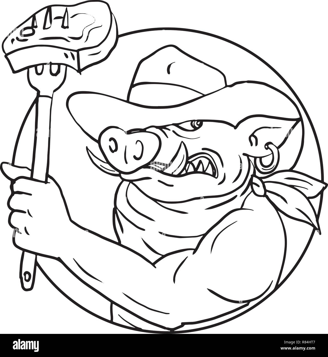 Drawing sketch style illustration of a cowboy wild pig, hog or wild ...