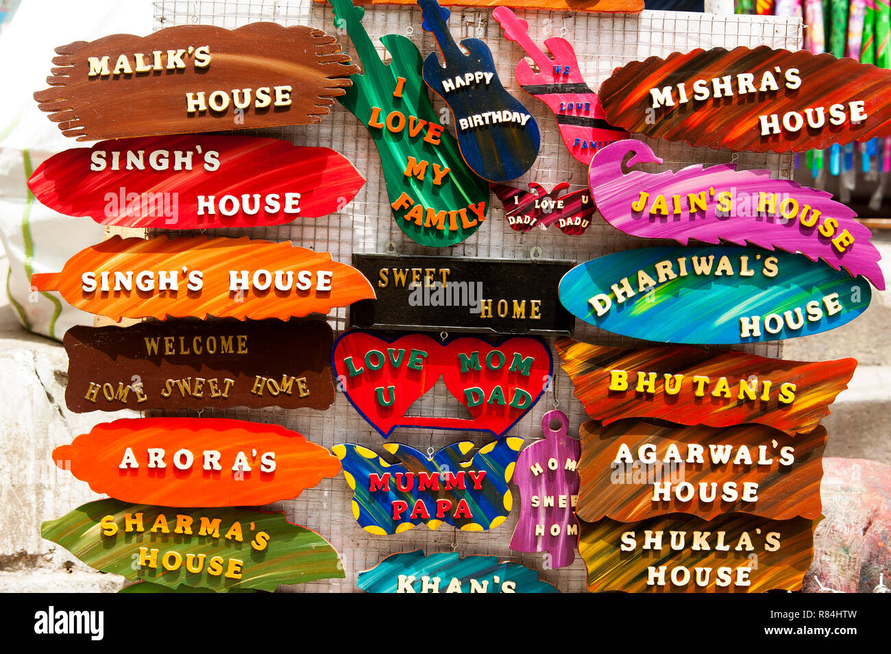 Signs in wood, with common indian names, Nainital, Uttarakhand, India ...