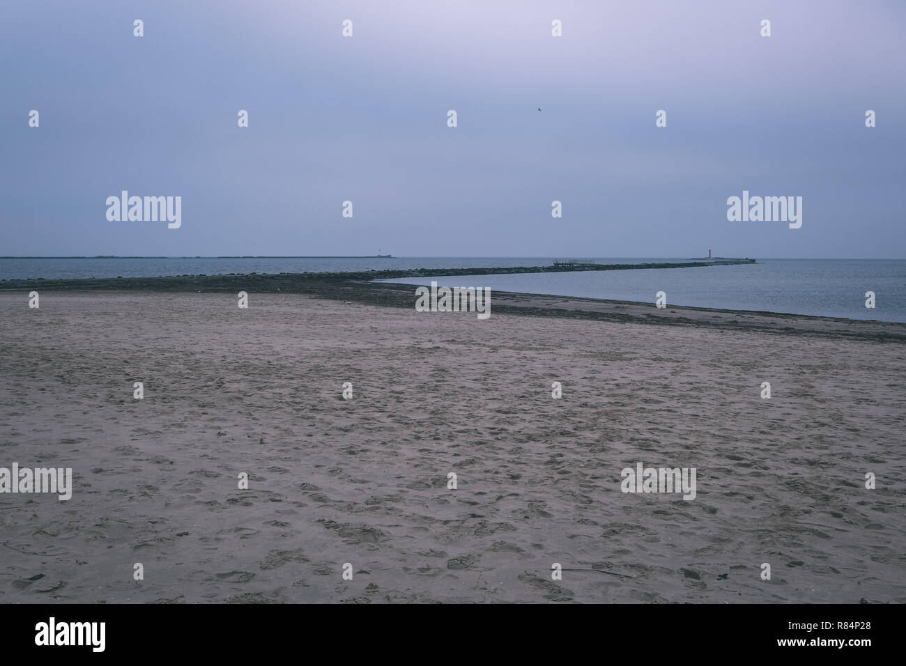 empty sea beach in autumn with mist and cool tones in empty sand ...