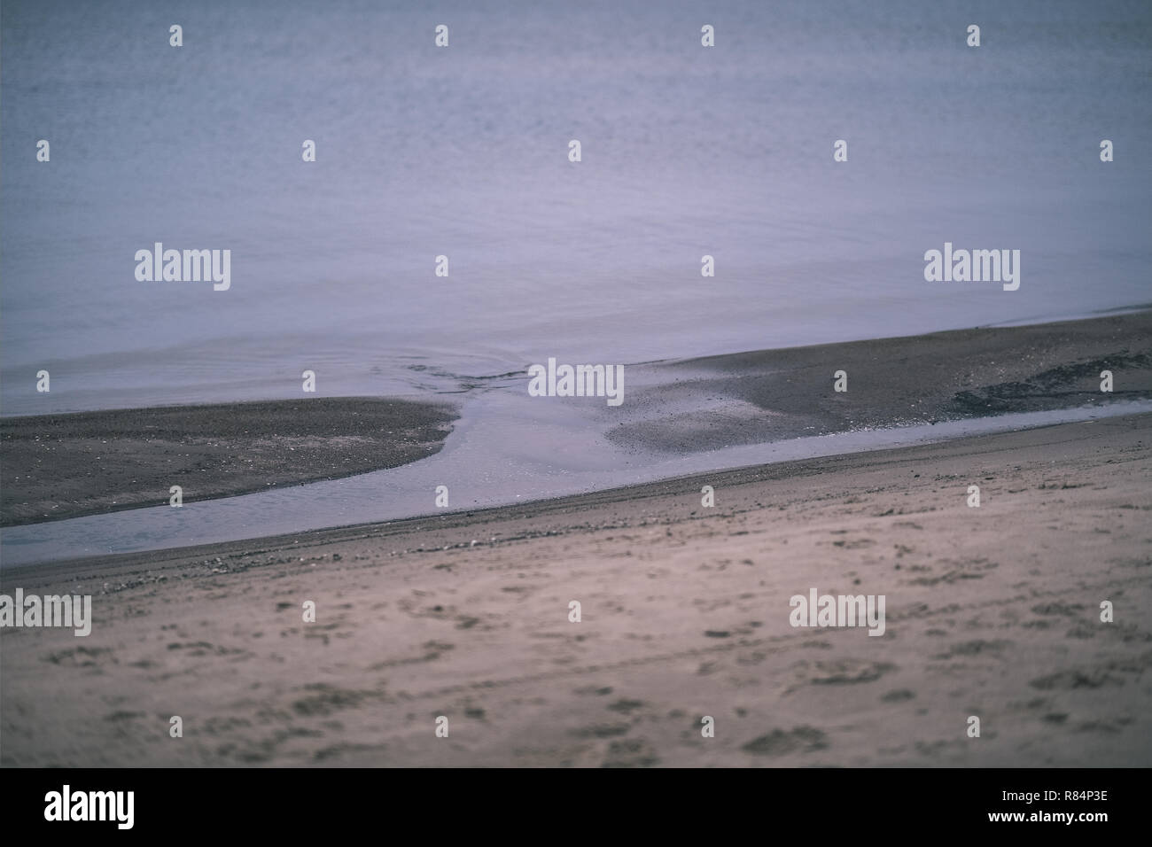 empty sea beach in autumn with mist and cool tones in empty sand ...