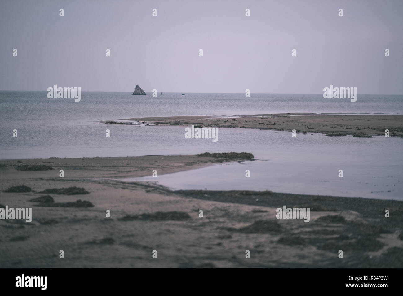 empty sea beach in autumn with mist and cool tones in empty sand ...